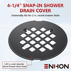 Enhon 2 Pack 4-1/4 Snap in Shower Drain Cover, Round Shower Strainer Drain Grid, Bathroom Shower Drain Grate Cap Replacement for Hair Catcher, Matte Black, Stainless Steel