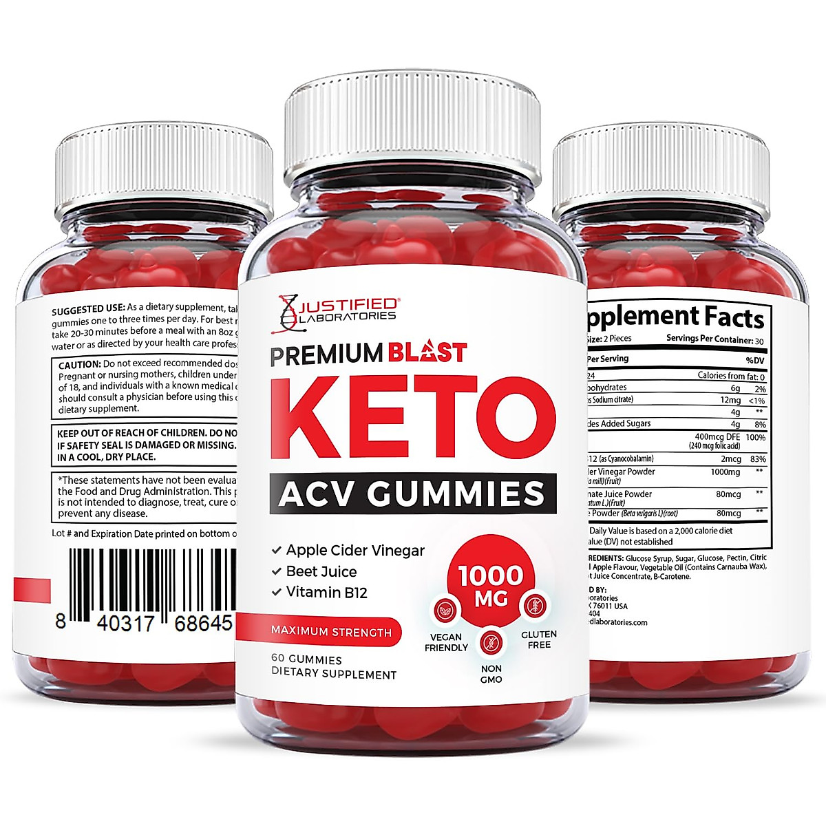 Justified Laboratories Premium Blast Keto ACV Gummies 1000MG with Pomegranate Juice Beet Root B12 60 Gummys