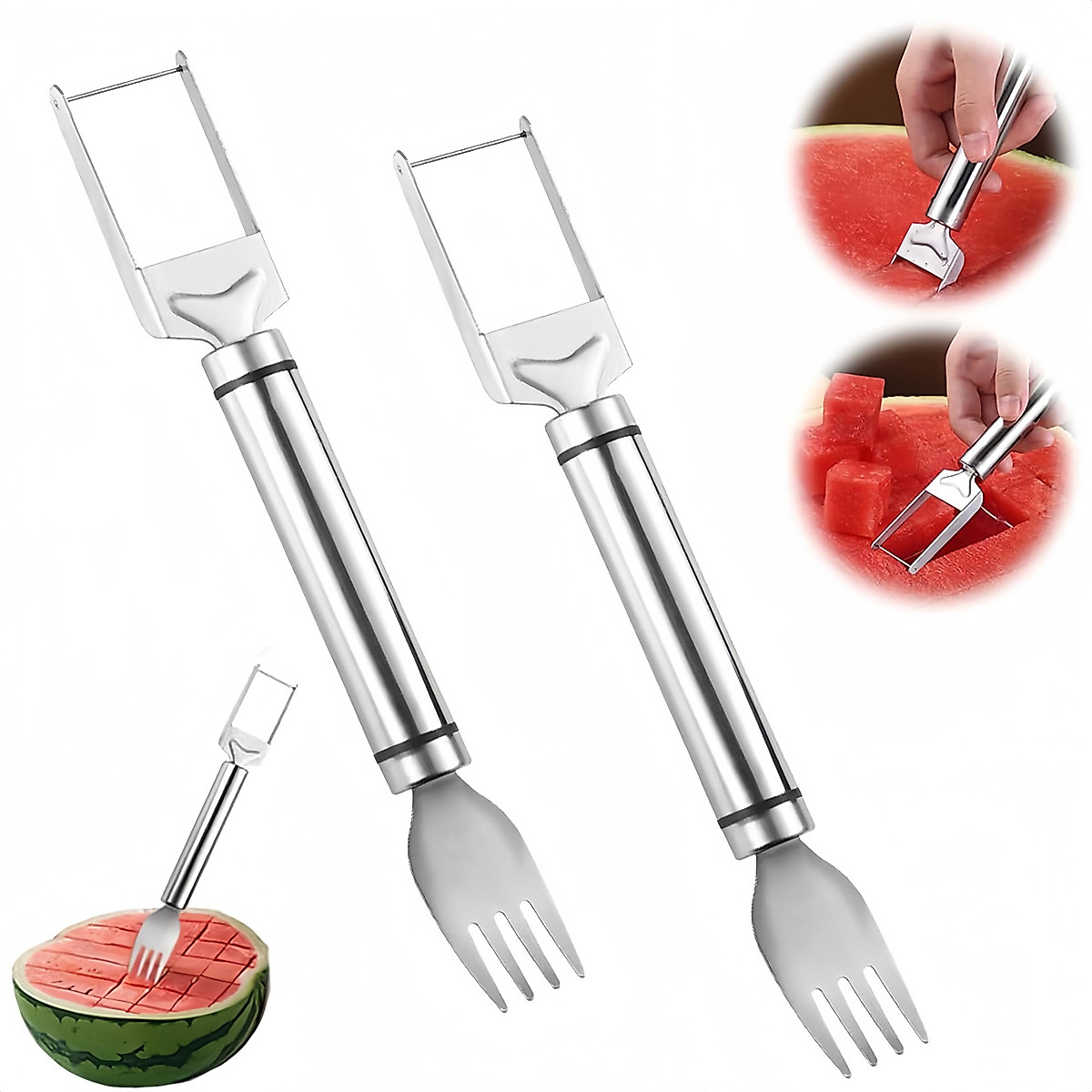 2024 New Watermelon Fork Slicer Cutter Slicer Tool, 2-in-1 Stainless Steel Fruit Cutter, Dual Head Fruit Forks Slicer Knife with Round Handle (2Pcs)