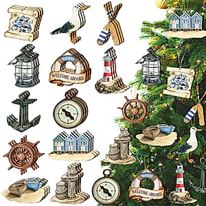 Maitys 36 Pcs Summer Wooden Ornaments Ocean Beach Tree Decorations Coastal Nautical Navigation Wooden Cutouts Summer Hanging Ornaments Summer Decorations for Home Small Tree Party Office(Navigation)