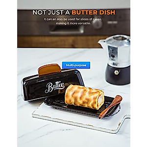 Butter Dish with Lid and Knife Ceramic Butter Holder for Counter Humanized Clamp-able Knife Handle Design, Perfect for East West Coast Butter, Black