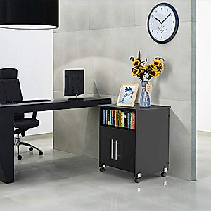 Yaheetech Mobile Printer Stand with Storage and Adjustable Shelf for Home Office Rolling Printer Stand for Desk, Wood Storage Cabinet Work Cart Cupboard Shelf on Wheels, Black