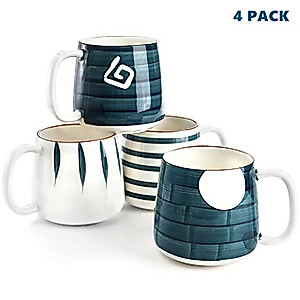DEAYOU 4-Pack Porcelain Coffee Mugs, 17 Oz Ceramic Coffee Cups with Handles, Large Stoneware Mugs for Tea, Hot or Cold Drinks, Cappucino, Hot Chocolate, Milk, Gift, Hand-Painted Patterns (4 Styles)