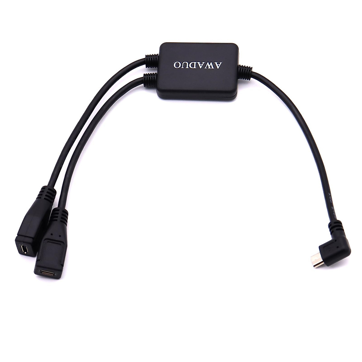 AWADUO 90 Degree Micro USB Male to Female Splitter 1 in 2 Out,Micro USB 1 to 2 Y Splitter Cable High Speed Charging Cable 30cm Length