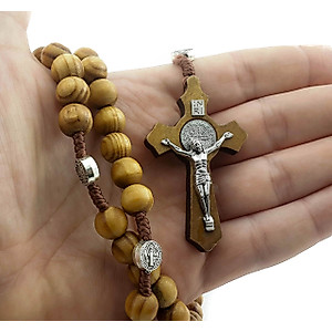 Nazareth Store Wood Beads Rosary Necklace Saint Benedict Medal & Catholic Cross Religious Prayer Chaplet String Handmade - Velvet Bag
