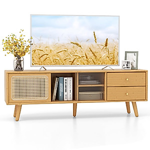 Tangkula Mid Century Modern TV Stand for TVs up to 65", Bamboo Entertainment Center w/Glass & PE Rattan Sliding Doors, 2 Drawers, Adjustable Shelf, Wood Legs, Media Console for Living Room