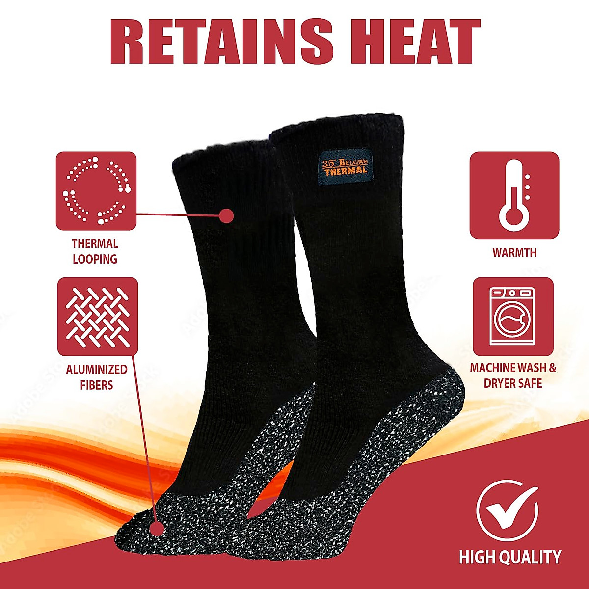35° Below Thermal Insulated Socks for Men and Women, Designed with Soft Aluminized Loops to Keep Feet Warm and Cozy, One Pair, Large, Black/Silver