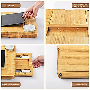 ROYAMY Bamboo Cheese Charcuterie Board and Knife Set Cheese Serving Board with Round Tray Wooden Cheese Platter Set,Cheese Tray, Perfect for Christmas, Anniversary,Wedding,Housewarming Gift Ideas