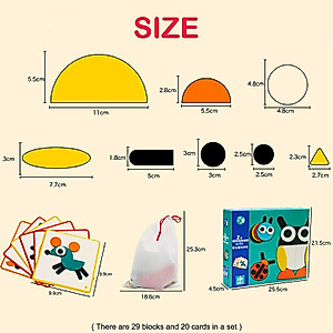 BLATOMY Wooden Pattern Blocks, Jigsaw Puzzle Montessori Toys Geometric Shapes Blocks, Tangram Montessori Toys for Kids, 29 Shape Puzzles and 20 Pattern, Early Learning Toys for 3+ Years Old