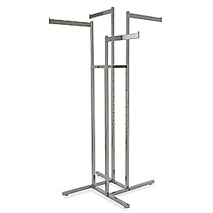 Clothing Rack – Chrome 4 Way Rack, Adjustable Height Blade Arms, Square Tubing, Perfect for Clothing Store Display With 4 Straight Arms