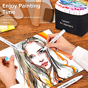 Caliart 100 Colors Artist Alcohol Markers Dual Tip Art Markers Twin Sketch Markers Pens Permanent Alcohol Based Markers with Case for Adult Kids Coloring Drawing Sketching Card Making Illustration