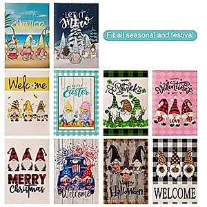 Set of 10 Gnome Seasonal Garden Flags, Double-side Printed Festival Yard Flag Vertical Burlap Gnome Garden Flags Colorful Welcome House Flag for Halloween Christmas Fall and More(12.6 x 18.1 inch)