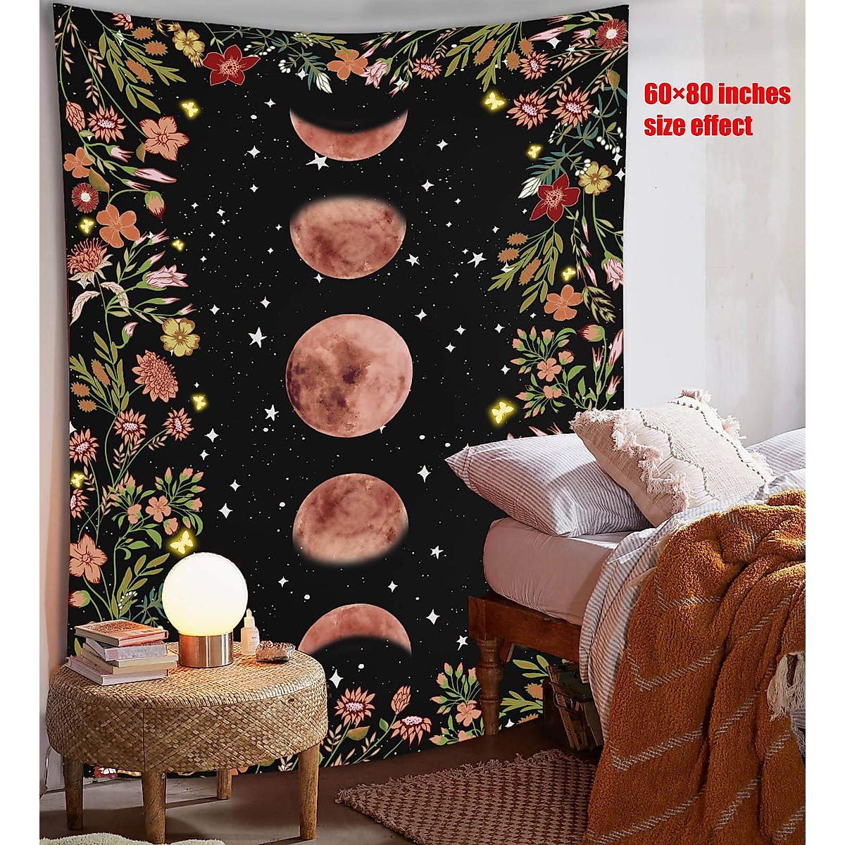 Rexful Moonlit Garden Tapestry, Moon Phase Surrounded by Plants and Flowers Black Wall Hanging Blanket 44×60 inch