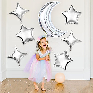 42pcs Silver Star Balloons Silver Moon Balloons Star Balloons Metallic Moon and Star Balloons for Ramadan Eid Mubarak Decorations Graduation, Baby Shower, Space Birthday Party Decorations Supplies