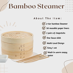 Misha's Homely Finds Bamboo steamer basket 2 tier 10 inch, 50 reusable paper liners, 2 pairs chopsticks, 1 ceramic sauce dish natural homemade food basket