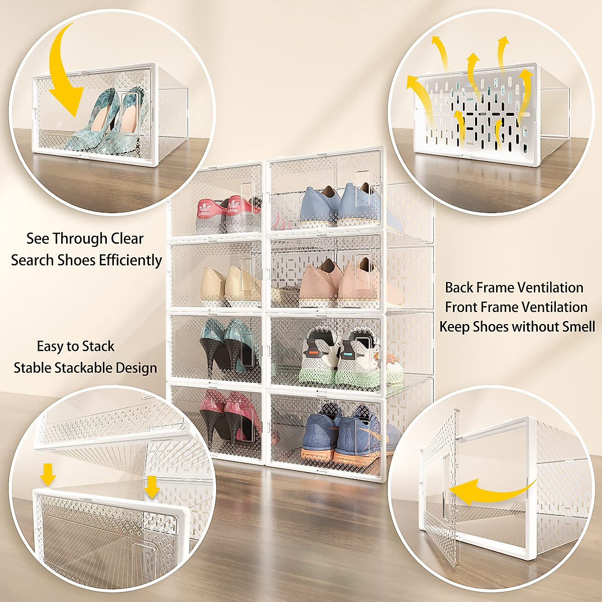 AVGXC Shoe Boxes,12 Pack Shoe Boxes Clear Plastic Stackable, Shoe Storage Organizers for Closet, Space-Saving Shoe Containers Bins, White