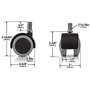 Premium 2 Inch Floor Protecting Rubber Office Chair Caster Wheels (Set of 5) Standard Stem Size - Black/Gray