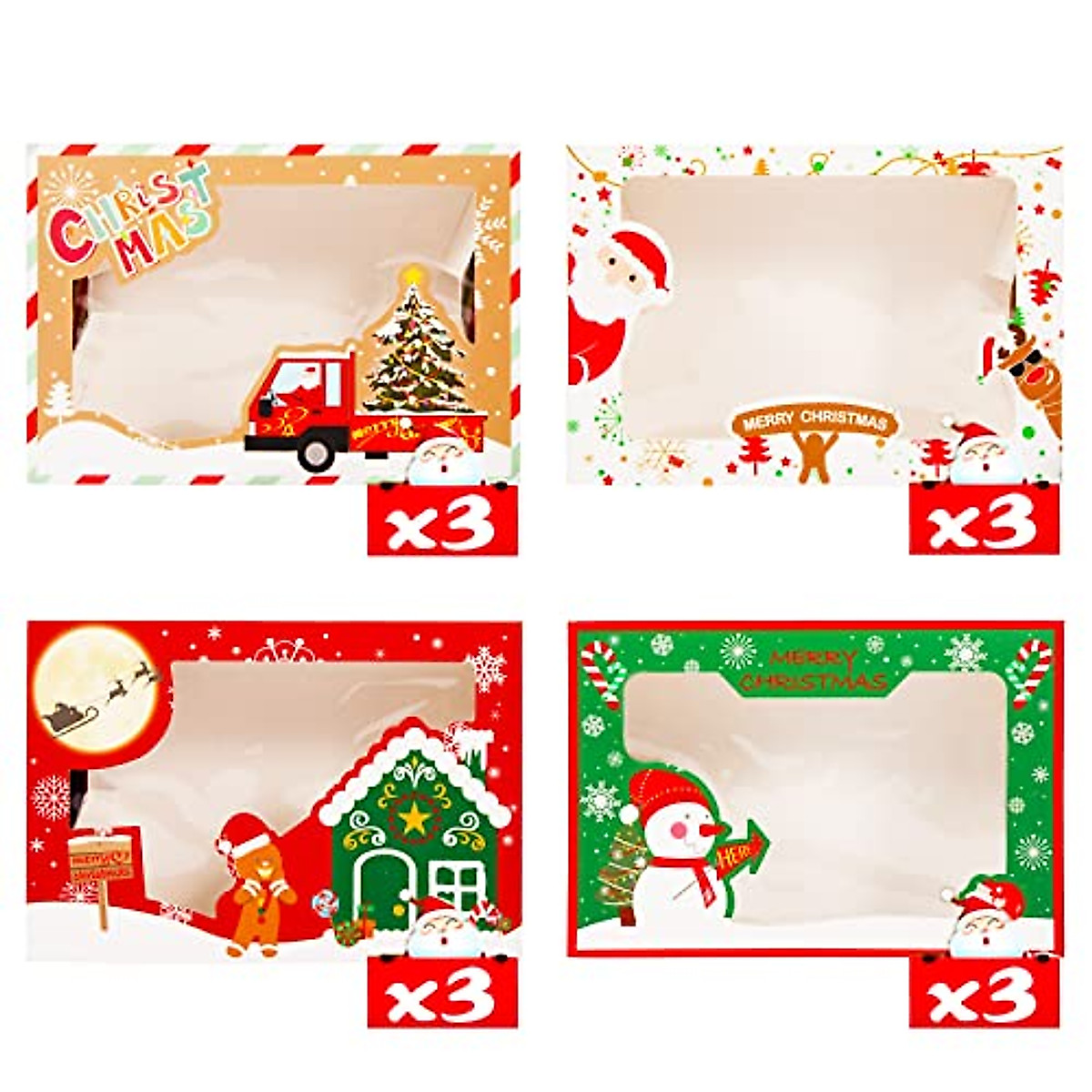 EPDPLAY 12 PCS Christmas Cookie Boxes with Window Holiday Food Treats Container for Gift Giving, Santa Snowman christmas tree gingerbread Man Cookie Boxes for Pastries Cupcakes Candy and Party Favor