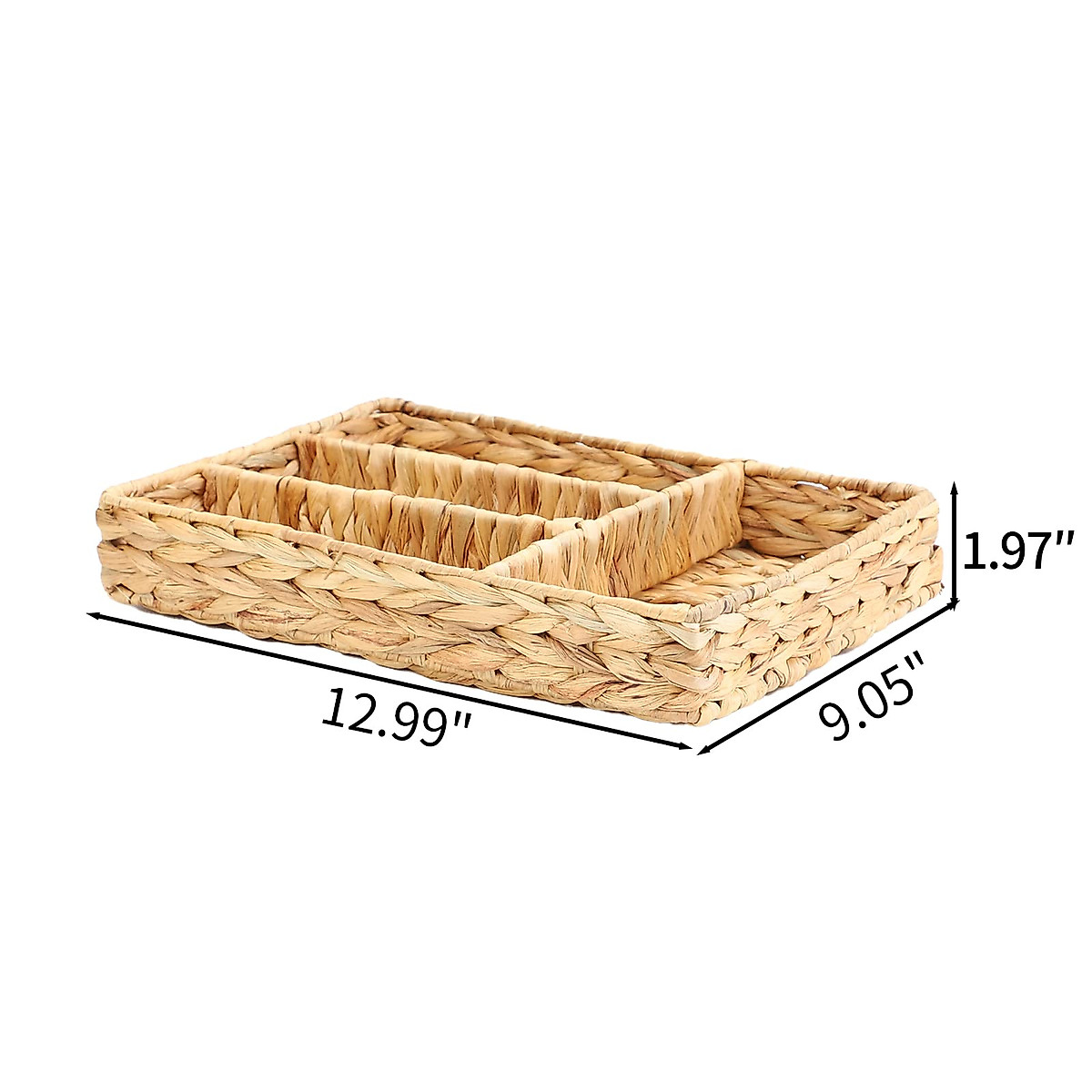 YAHUAN Water Hyacinth Divided Storage Basket Silverware Organizer for Drawer Decorative Woven Water Hyacinth Rectangular 4 Compartment Severing Tray (Water Hyacinth)