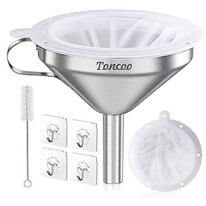 Toncoo 5-Inch Premium Stainless Steel Funnel with 200 Mesh Food Filter Strainer, Food Grade Kitchen Funnels for Filling Bottles, Metal Funnel with Strainer, Food Funnel for Kitchen