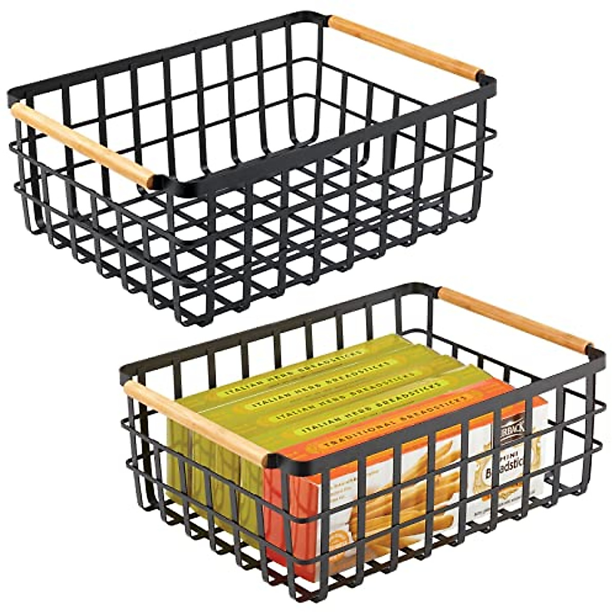 mDesign Metal Wire Storage Organizer Basket with Bamboo Wood Handles for Kitchen Pantry, Rustic Farmhouse Bin to Store Fruit, Coffee, Spices, Supplies, Yami Collection, 2 Pack, Matte Black/Natural/Tan