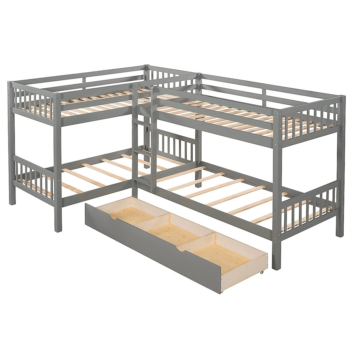 L-Shaped Bunk Bed with Drawers, Bunk Bed for 4 Twin Over Twin for Boys Girls Kids Teen Wood Quad Bunk Beds Frame, Gray