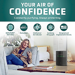 GermGuardian AirSafe+ Intelligent Air Purifier with 360° HEPA 13 Filter, Captures 99.97% of Pollutants, Wildfire Smoke, Large Rooms, Air Quality Sensor, UVC Light, Zero Ozone Verified, Black, AC3000B