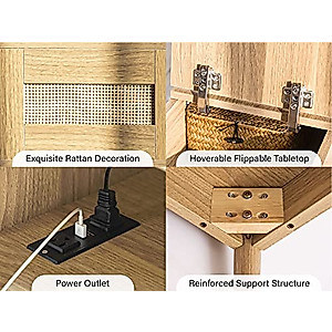 Labcosi Natural Rattan Side Table, Flip Top Nightstand with Charging Station, Mid Century Modern End Table for Living Room and Bedroom, Table with Storage Shelf