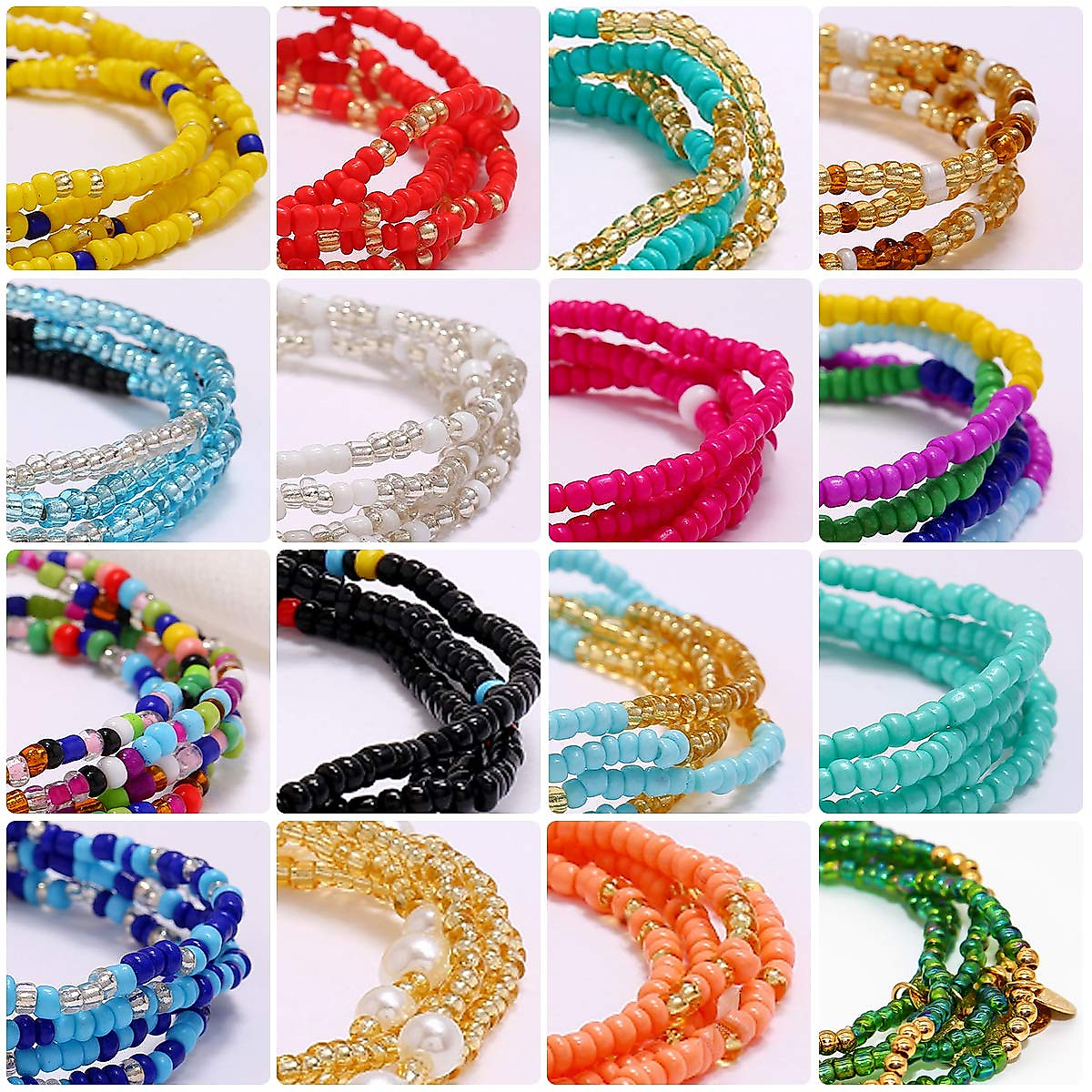 African Waist Beads for Women, 16Pack Colorful Belly Beads Plus Size Layered Body Chain Adjustbable Body Beads Waist Jewelry Stretching 33.5-39.37in