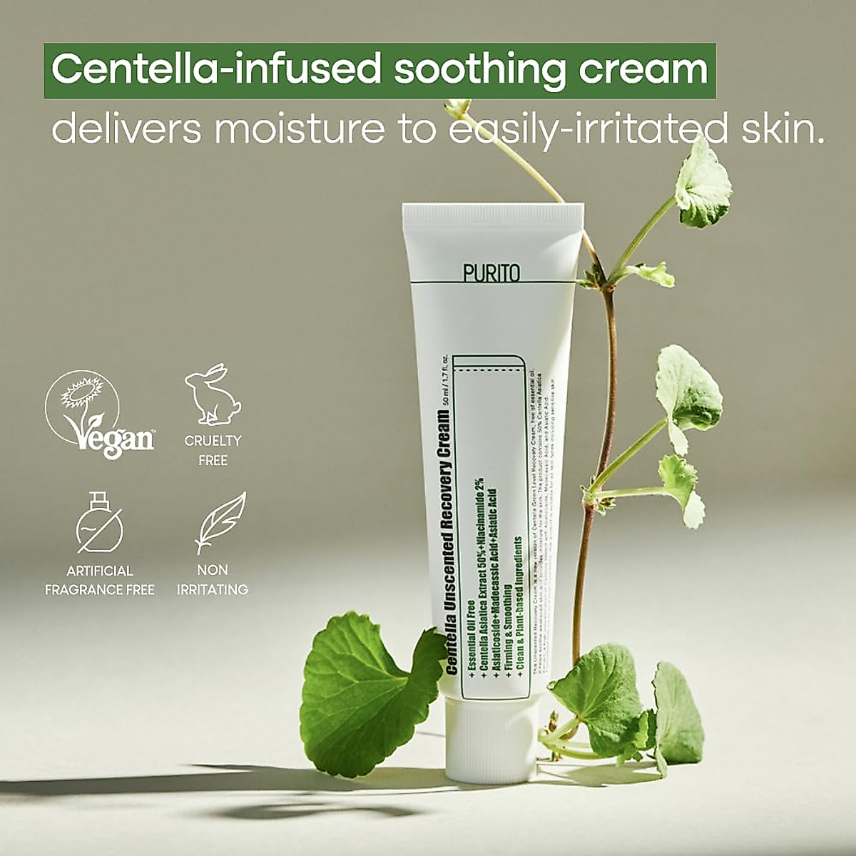 PURITO Centella Unscented Recovery Cream 50ml / 1.7 fl.oz Witch Hazel-free, Vegan, Skin barrier