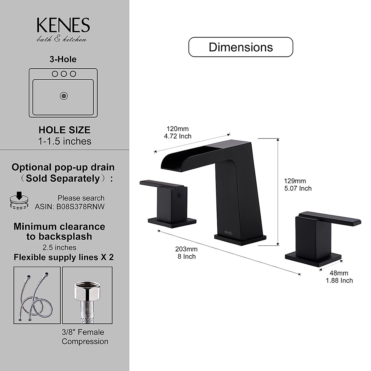 KENES Matte Black 8 Inch Waterfall Widespread Bathroom Faucet 3 Hole, Two-Handle Waterfall Bathroom Sink Faucet, Modern Bathroom Faucets with Supply Lines, KE-9052-2
