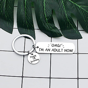 Lumengqi 18th Birthday Keyring, Stainless Steel OMG! I'm An Adult Now! Keychain, Bar Mitzvah Present Keychain, 18th Birthday Gift Key Ring for Women Men Girls Boys