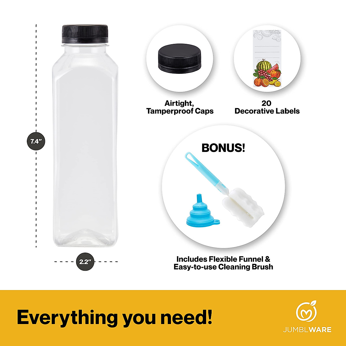 JumblWare Juice Bottles 20 Clear Plastic 16oz Reusable Bottles w/Funnel, Cleaning Brush, & Labels for Work, Gym, Home, & Catered Events Recyclable, Disposable, Shatterproof, BPA-Free Made in USA