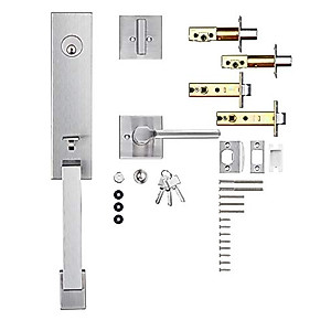 TOGU HS28L Front Door Handleset with Lever Handle in Satin Nickel,Contemporary Entry Door Lockset for Home Exterior Doors
