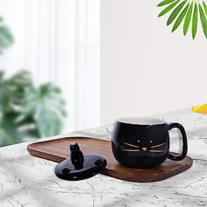 Koolkatkoo Cute Cat Coffee Mug with Cell Phone Holder Lid for Cat Lover Unique Ceramic Tea Mugs with Gold Cat Porcelain Cup Gift for Women Black