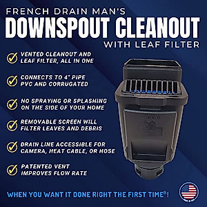 French Drain Man Leaf Filter and Downspout Cleanout, Gutter Guard, Gutter Downspout Extensions, Downspout Adapter, Downspout Diverter, Leaf Eater (Black, 3 x 4 Gutters)