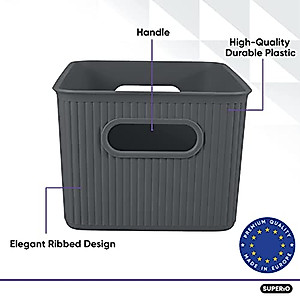 Superio Small Decorative Storage Bin (4 Pack)- Closet, and Shelf Plastic Storage Basket Organizer for Home, Toys, and Pantry- Ribbed Design, 5 Liter, Grey and White