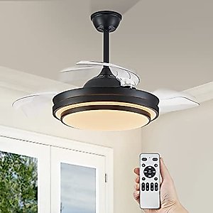 LEDIARY 42 Inch Retractable Ceiling Fans with Lights and Remote, Bladeless Ceiling Fans with LED Lighting, Smart Modern Ceiling Fan, Stepless Color Changeable, Dimmable, Timer Setting - Black