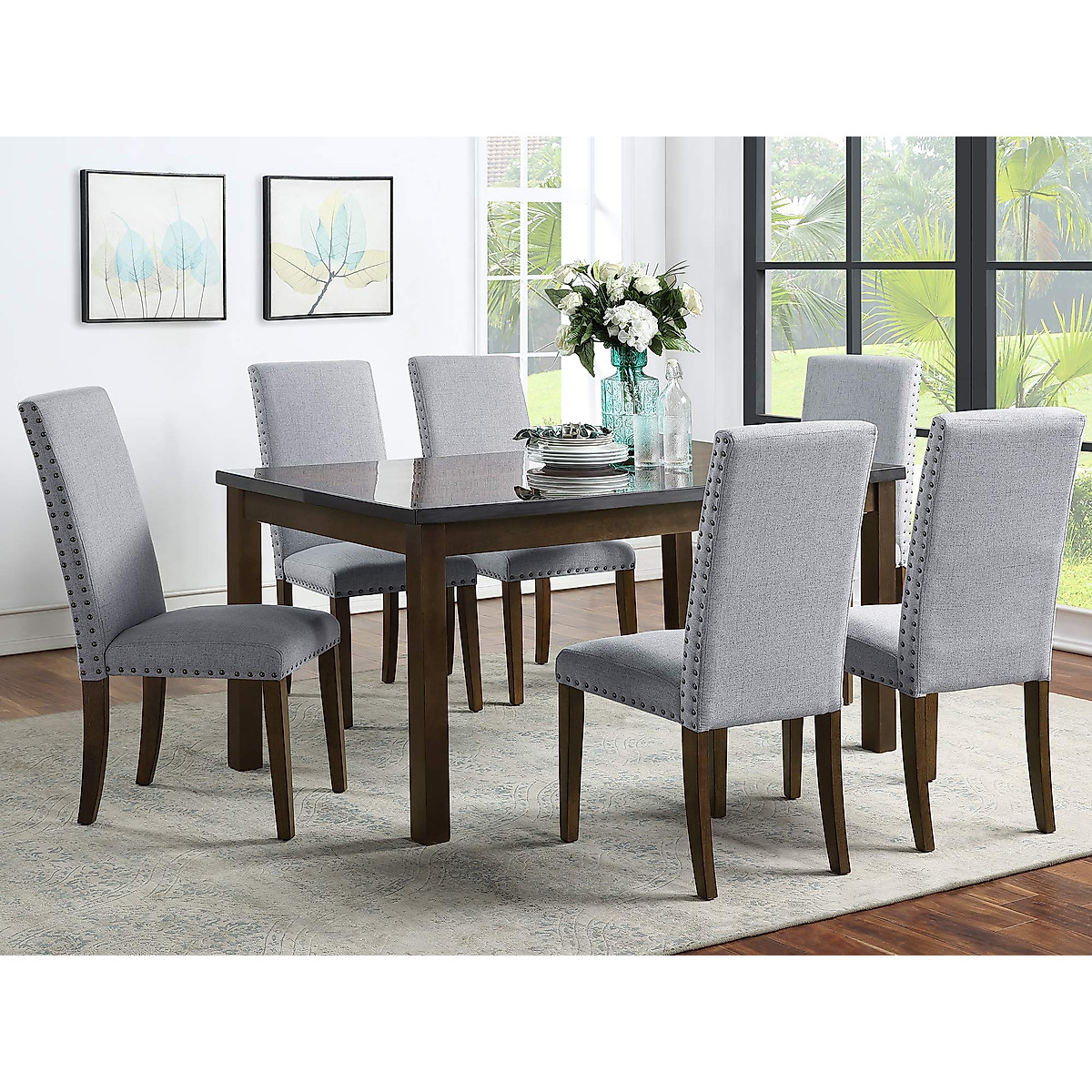 Merax Dining Chairs Set of 2, Fabric Dining Chairs with Copper Nails and Solid Wood Legs (Grey, Set of 2)