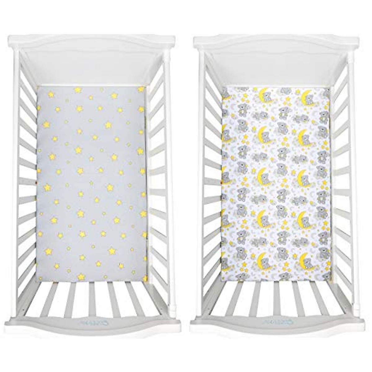 Organic Crib Sheets (2 Pack) - 100% Organic Jersey Cotton Fitted Crib Sheets for Standard Crib and Toddler Mattresses |Star and Bear Print | (Grey, Yellow, White)