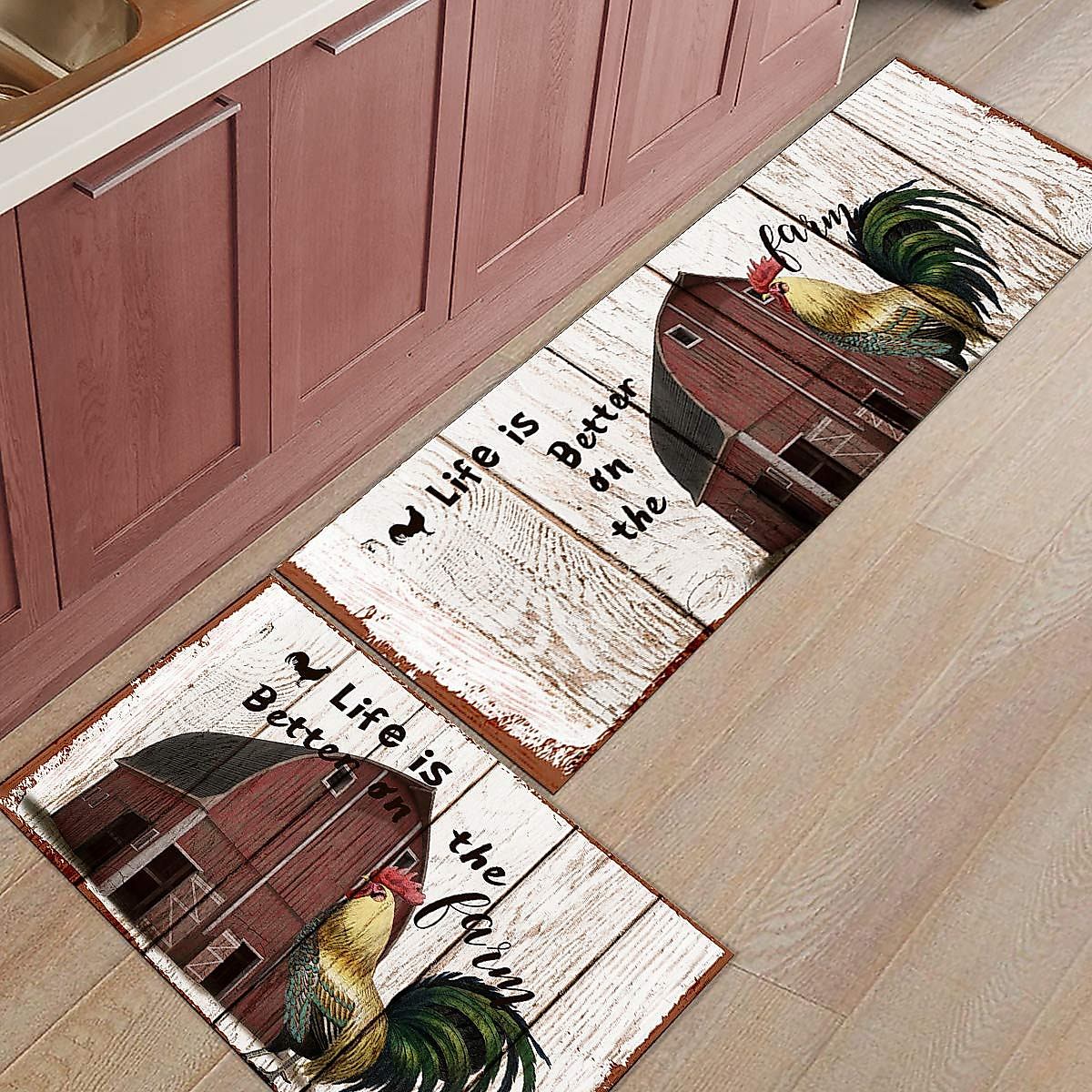 wanxinfu 2 Piece Kitchen Mat Set, Rooster in Front of a Vintage Barn Retro Wood Background Soft Non-Slip Rubber Backing Floor Mats Doormat Bathroom Runner Area Rug Carpet, 15.7x23.6in + 15.7x47.2in