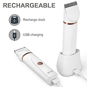 OLOV Bikini Trimmer Women - Wet/Dry Body Shaver Groomer, Replaceable Ceramic Blade Heads, USB Recharge Dock & Nosetrimmer Head Heads, Waterproof Hygiene Razor, White