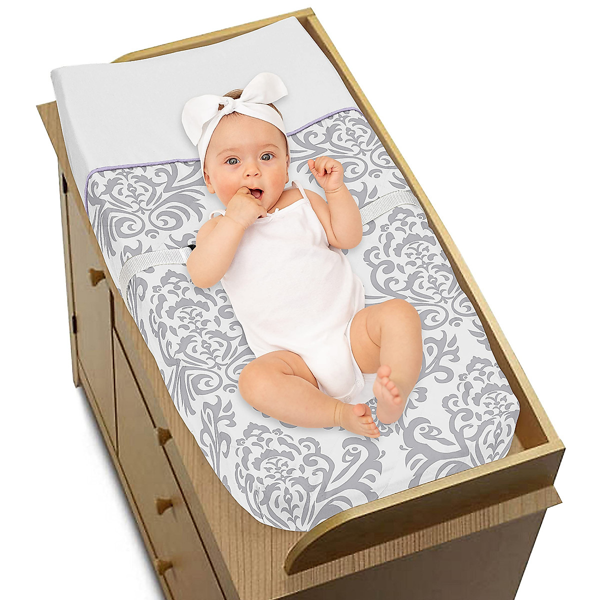 Lavender, Gray and White Damask Print Elizabeth Baby Changing Pad Cover for Girl Bedding Sets