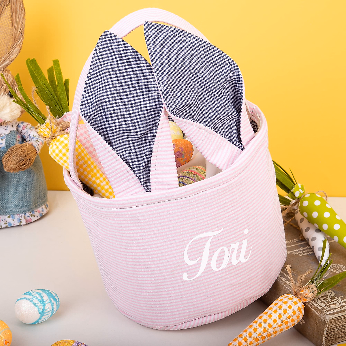 Personalized Easter Basket for Boys Girls, Seersucker Egg Hunt Bunny Baskets for Kids, DIY Bunny Bucket Tote Bags for Easter Decoration Candy Gifts Storage