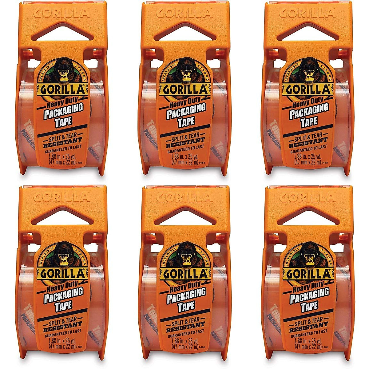 Gorilla Heavy Duty Packing Tape with Dispenser for Moving, Shipping and Storage, 1.88" x 25 yd, Clear, (Pack of 6)