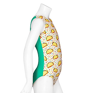 Destira Taco the Town Girl's Gymnastic Leotard With Solid Green Teal Back, Ultra-Soft Leo With Matching Scrunchie, Child Medium (8)