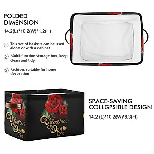 ALAZA Valentine's Day Rose Floral Black Foldable Storage Box Storage Basket Organizer Bins with Handles for Shelf Closet Living Room Bedroom Home Office 2 Pack