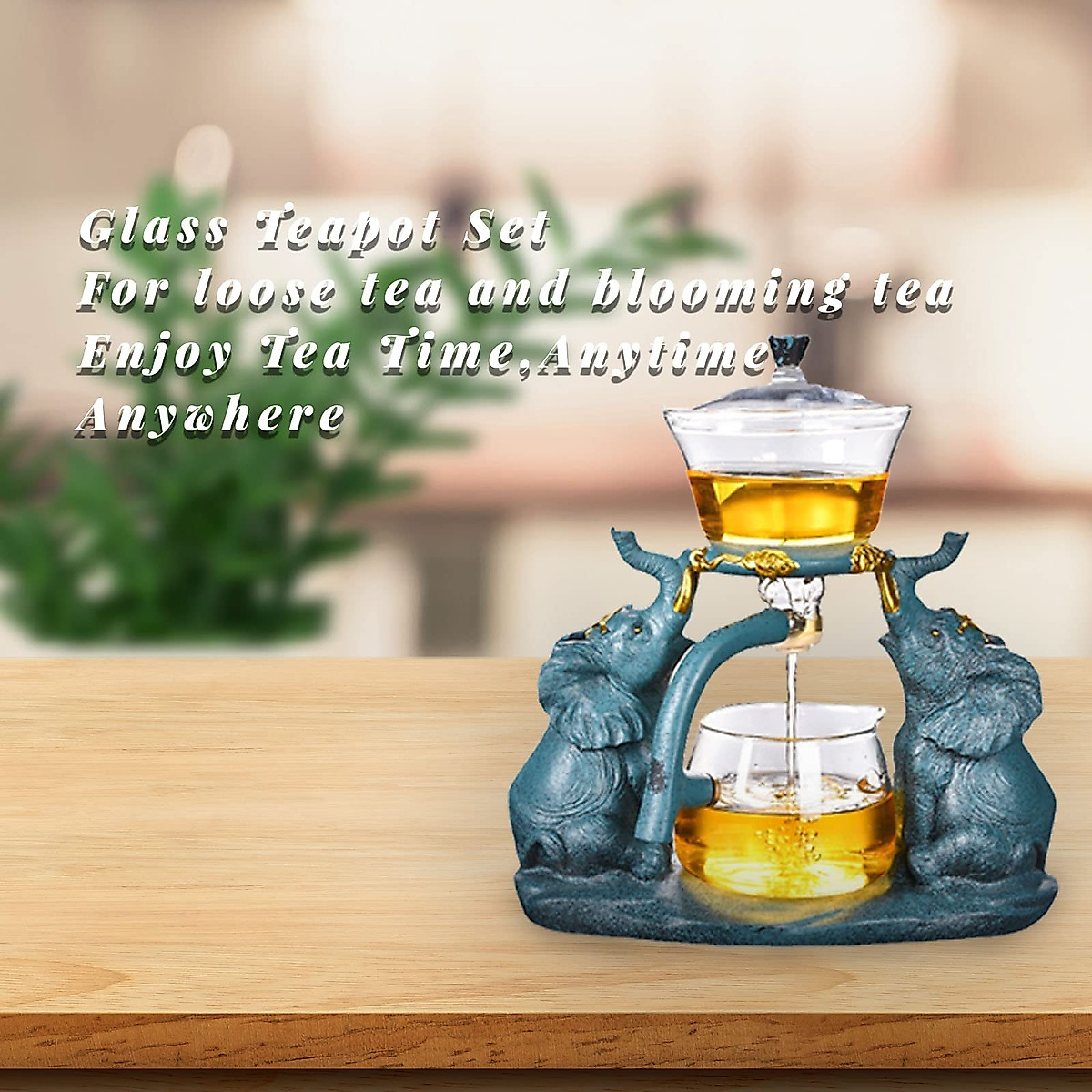 GODNOEI Elephant Glass Tea Set Lazy Kungfu Magnetic Water Diversion Creative Glass Teapot Semi Automatic Tea Maker Suit Kitchen Bar Supplies (6 tea cups)