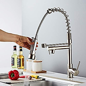 DEWINNER Pull Down Kitchen Faucet, Kitchen Sink Faucet with Sprayer, 2-spout, Single-Handle Control, Rotate 360 ​​Degrees, High Arc Spring Design, Brushed Nickel