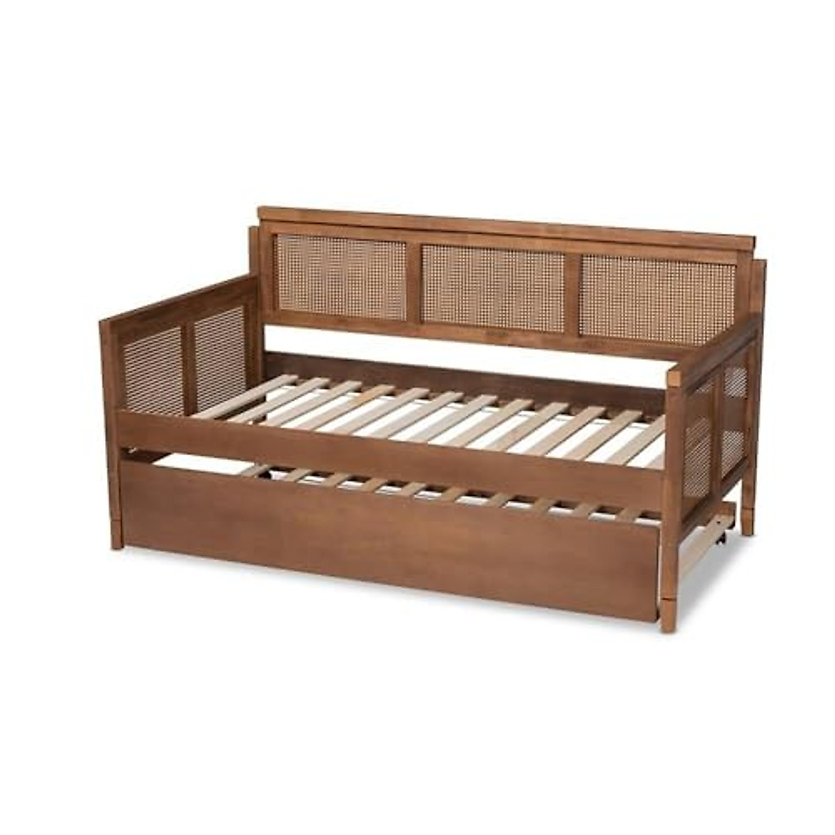Baxton Studio Toveli Vintage French Inspired Ash Wanut Finished Wood and Synthetic Rattan Daybed with Trundle